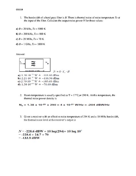 In Class Work Sheet 4 Solution The Bandwidth Of A Band Pass Filter Is B There Is Thermal