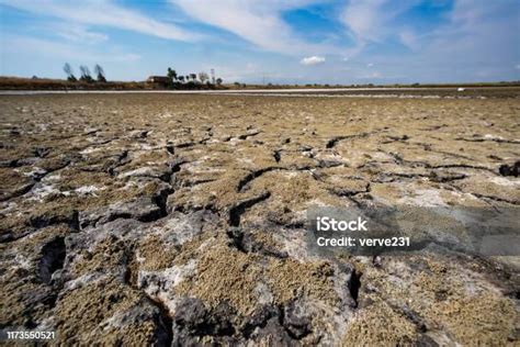 원근 층에서 금이 간 점토의 자연스러운 질감을 가진 마른 호수 침대 가뭄에 대한 스톡 사진 및 기타 이미지 가뭄 갈색 거친 Istock