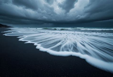 Long Exposure Of Silky Ocean Waves Receding From A Black Sand Beach