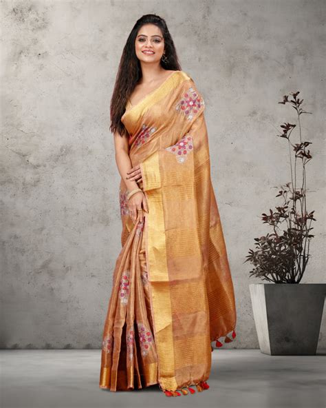 Indiehaat Tissue Linen Embroidered Brown Saree