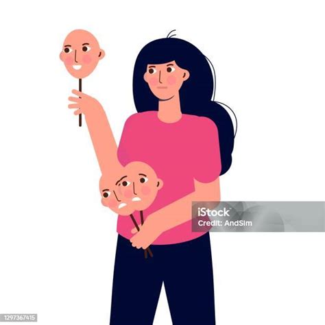 가짜 감정 역할 개념을 재생합니다 캐릭터는 다른 감정으로 마스크를 보유하고 있습니다 벡터 일러스트레이션 플랫 스타일 가리기에 대한 스톡 벡터 아트 및 기타 이미지 Istock