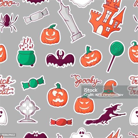 귀여운 호박 박쥐 사탕 유령 유령과 거미와 할로윈 패턴 파티 축하 할로윈 배경입니다 0명에 대한 스톡 벡터 아트 및 기타 이미지 Istock