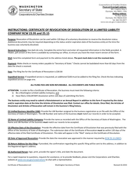 Washington Certificate Of Revocation Of Dissolution Limited Liability Company Professional