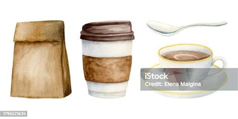 커피 컵 숟가락과 종이 공예 가방 수채화 일러스트 세트와 뜨거운 코코아 머그잔을 꺼내 아침 식사 및 커피 브레이크 디자인 카페