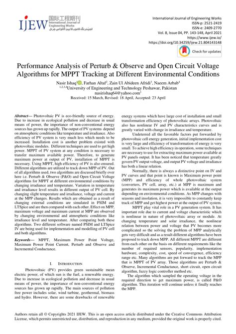 Pdf Performance Analysis Of Perturb And Observe And Open Circuit