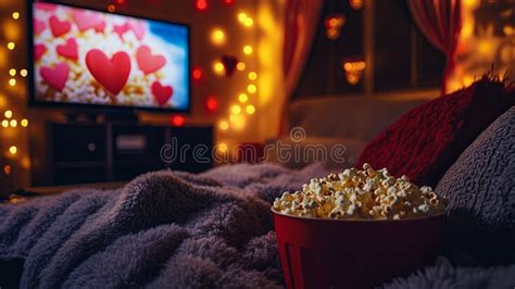 A Cozy Home Cinema Setup With Valentines Movies Popcorn And Fluffy Stock Image Image Of