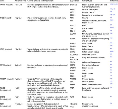 Representative Synthetic Lethal Interactions Among Genes In Preclinical