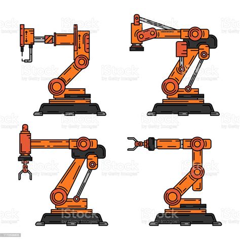 라인 플랫 컬러 벡터 아이콘 세트 공장 컨베이어 로봇 암 시스템 자동 산업 조립 로봇 기계 세계화 노동자 기술 프로세스 기계 노동자 만화 스타일 디자인입니다 갈고리 발톱에