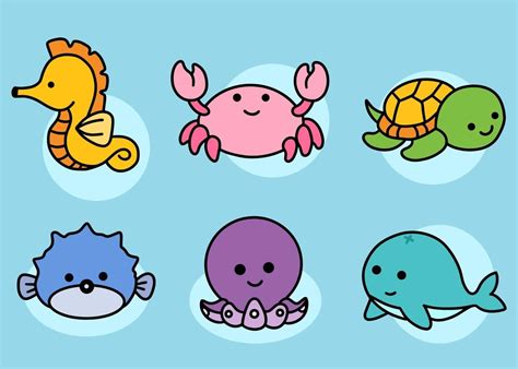 Set Cute Animal Sea Fish Ocean Cartoon Fish Sea Horse Crab Turtle