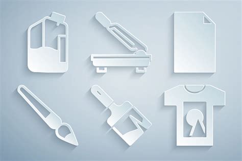 페인트 브러시 빈 문서 티셔츠 종이 커터 및 프린터 잉크병 아이콘을 설정합니다 벡터 3차원 형태에 대한 스톡 벡터 아트 및 기타 이미지 3차원 형태 T 셔츠 그래픽