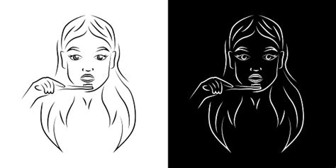 치아 윤곽 을 닦는 여자 윤곽 초상화 벡터 일러스트레이션 소녀 얼굴과 칫솔 사실적인 라인 아트 흑백 배경에 레이디 데일리 아침 위생 루틴 개요 문자 20 29세에 대한 스톡