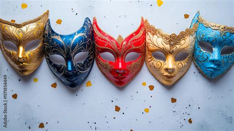 Conjunto De Máscaras De Carnaval Sobre Fondo Blanco En Distintos