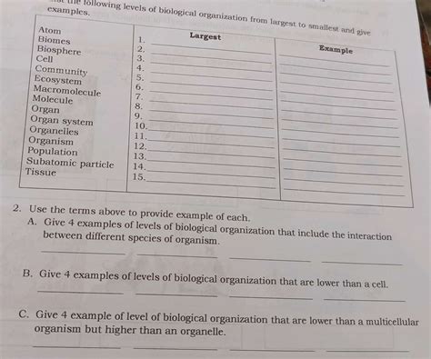 Examplowing Levels Of Biological Organization From Largest To Smallest And Give 2 Use The Terms