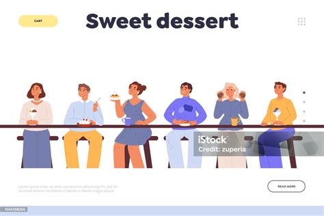 사람들이 카페에서 케이크 아이스크림 쿠키 및 도넛을 먹는 방문 페이지의 달콤한 디저트 개념 먹기에 대한 스톡 벡터 아트 및 기타 이미지 Istock