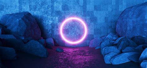 네온 서클 핑크 어두운 거리 젖은 아스팔트에 네온 불빛이 반사됩니다 네온 모양 어둠 속에서 빛의 광선 연기 추상적인 어두운 배경 3d 렌더링 거리에 대한 스톡 사진 및 기타