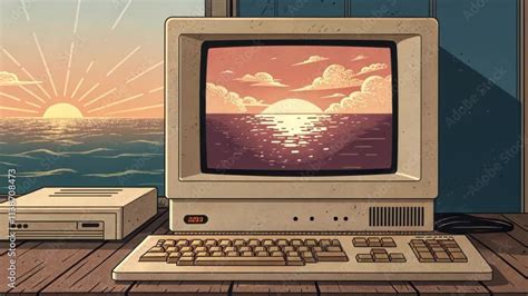 Nostalgic Pixel Art A Rustic Computer Setup Displays A Minimalist Loading Screen Featuring Pixel