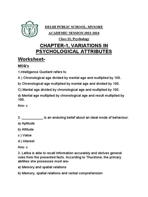 Ch 1 Class 12 Worksheet Pdf Intelligence Intellectual Disability