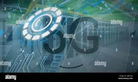 Displaying 5g Logo And Hud Ring Graphic Overlaying Data Center Racks With Circuit Traces And
