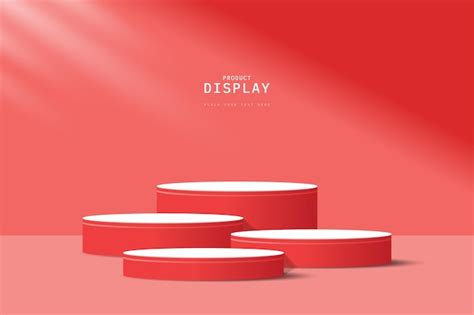 Premium Vector Abstract Red 3d Room With Set Of Realistic Red N White Cylinder Pedestal Podium
