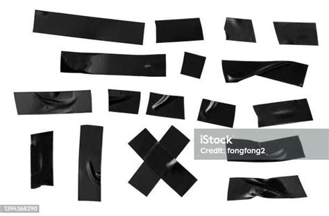 흰색 바탕에 검은 테이프 설정 합니다 찢어진된 수평 및 다른 크기 검은 스티커 테이프 접착제 조각 검은색에 대한 스톡 사진 및