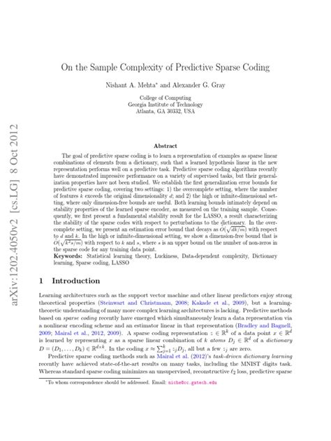 Sample Complexity Of Predictive Sparse Coding Pdf Normal