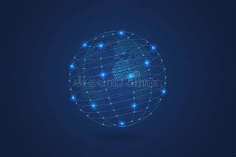 Abstract Binary World Map With Blue Polygonal Space Background With Connecting Dots And Lines