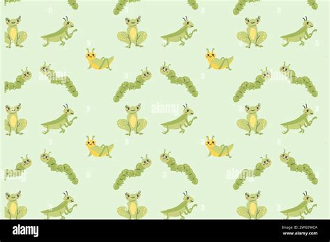 Cute Frog And Caterpillar Grasshoper Insects Pattern Vector