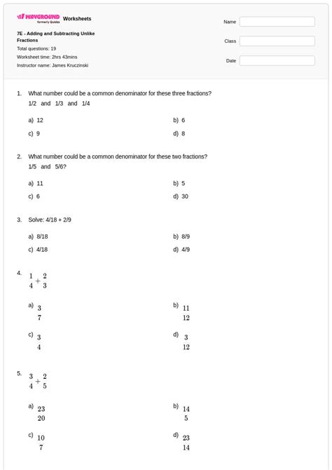 50 Subtracting Fractions With Unlike Denominators Worksheets For Grade