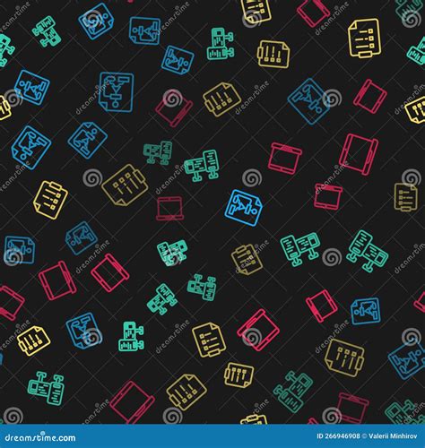 Set Line Flowchart Computer Monitor Screen Clipboard With Checklist And Laptop On Seamless