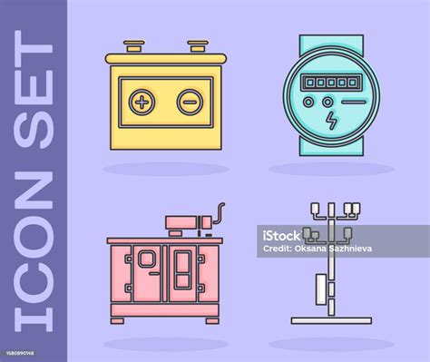 고전압 전봇대 라인 자동차 배터리 디젤 발전기 및 전기 계량기 아이콘을 설정합니다 벡터 가솔린에 대한 스톡 벡터 아트 및 기타 이미지 Istock