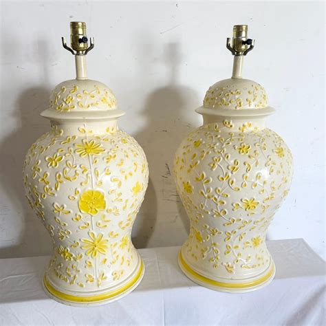 Vintage Boho Yellow Floral Table Lamps A Pair For Sale At 1stdibs