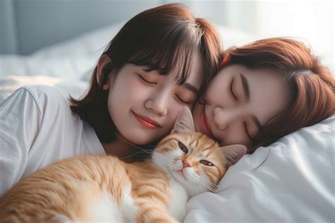 Chinese Two Girls Kitten Smiling Premium Photo Rawpixel