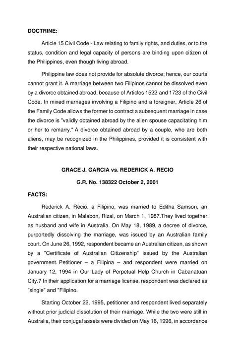 Grace J Garcia Recio Vs Rederick A Recio Doctrine Article 15
