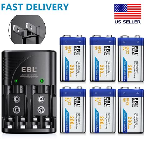 Ebl 6 Pack 280mah 9 Volt Nimh Rechargeable Batteries With 2 Slot 9v 6f22 9 Volt Battery Charger