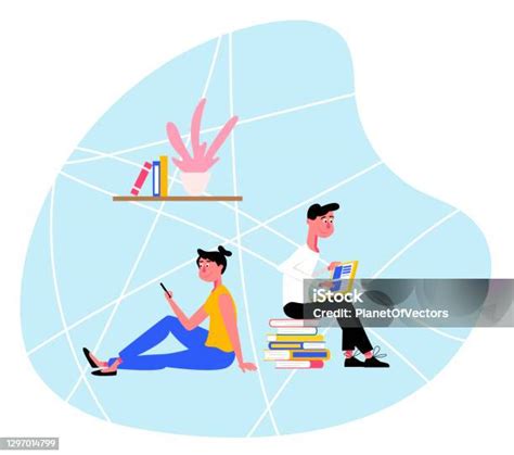 책으로 온라인 전화 및 노트북을 교육하는 남성과 여성 플랫 디자인 일러스트레이션 벡터 가상현실에 대한 스톡 벡터 아트 및 기타 이미지 가상현실 개념 거리가 먼