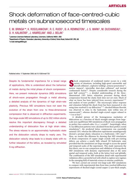 Pdf Shock Deformation Of Face Centred Cubic Metals On Subnanosecond Timescales