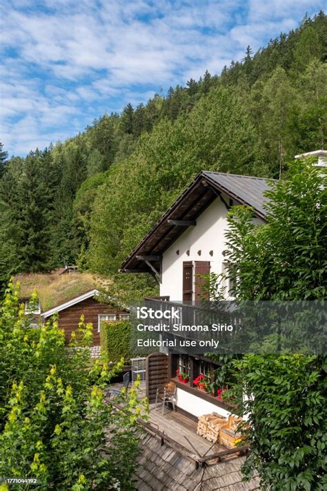나무로 된 발코니가 있는 전형적인 알파인 하우스와 여름에 숲을 배경으로 한 녹색 지붕 전원주택 샤모니 오트 사부아 오베르뉴 론