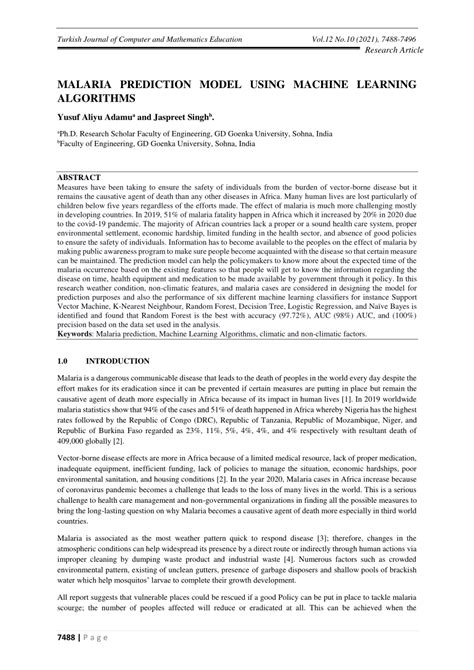 Pdf Malaria Prediction Model Using Machine Learning Algorithms