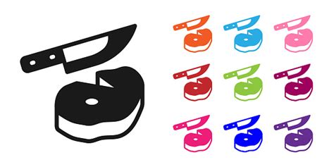 흰색 배경에 고립 된 검은 스테이크 고기와 칼 아이콘 고기를 슬라이스 다채로운 아이콘을 설정합니다 벡터 고기에 대한 스톡 벡터