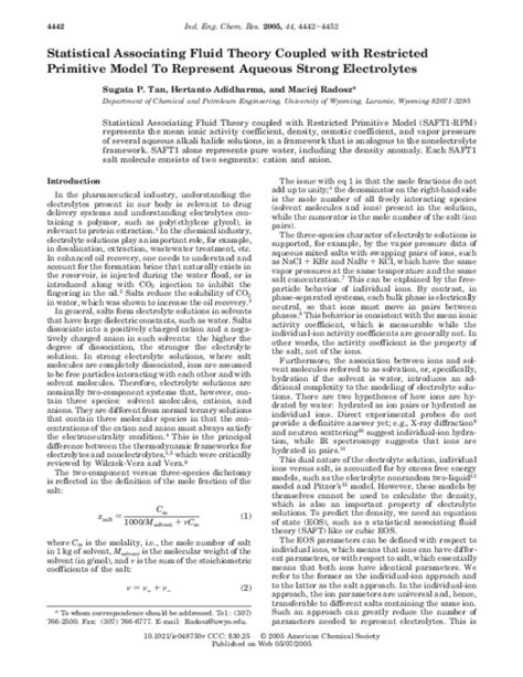 Pdf Statistical Associating Fluid Theory Coupled With Restricted Primitive Model To Represent