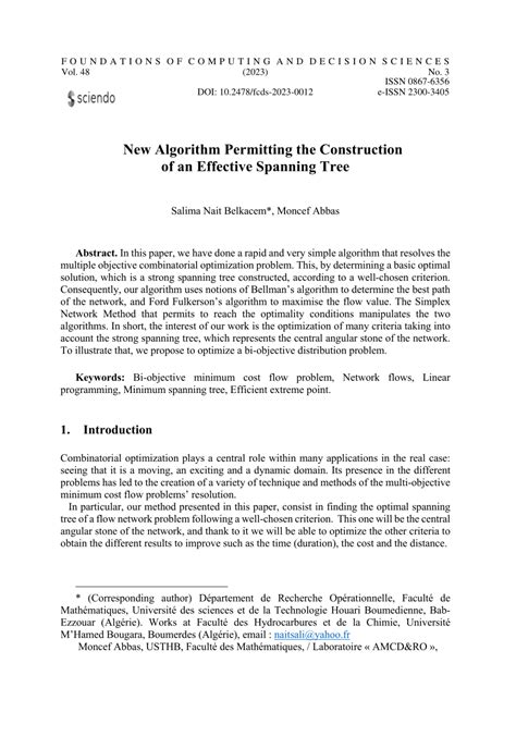 Pdf New Algorithm Permitting The Construction Of An Effective Spanning Tree