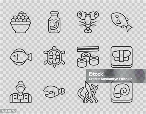 세트 라인 어부 접시에 문어 랍스터 또는 게 발톱 캐비어 거북이 해초와 초밥 도마 아이콘 벡터 갈고리 발톱에 대한 스톡 벡터 아트 및 기타 이미지 Istock
