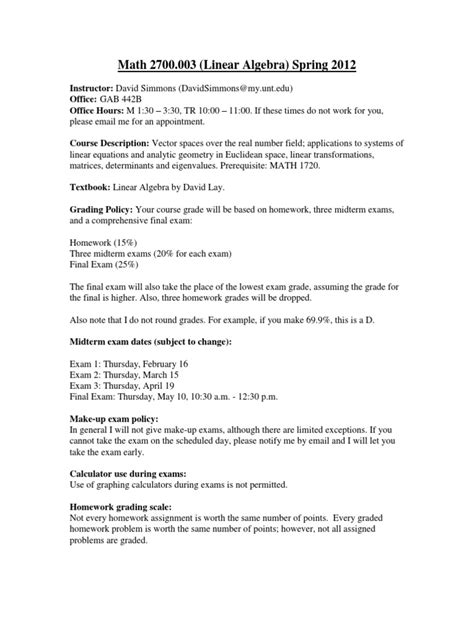 Linear Algebra Syllabus Pdf Matrix Mathematics Linear Subspace