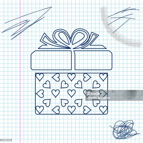 흰색 배경에 격리 된 선물 상자와 하트 라인 스케치 아이콘입니다 포장 발렌타인 데이 상단에 리본과 활로 묶여 아름다운 축제 상자 벡터 일러스트레이션 검은색에 대한 스톡 벡터