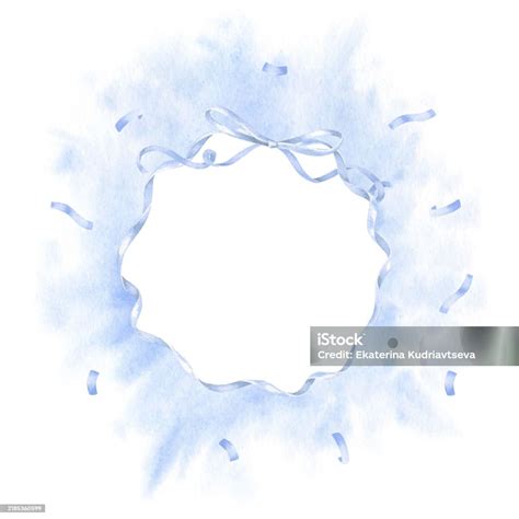 수채화 리본과 색종이 조각이 있는 부드러운 파란색 화환이 축제 테두리를 만듭니다 베이비 샤워 초대장이나 생일 인사말에 적합한 이 손으로 그린 일러스트레이션은 텍스트를 위한