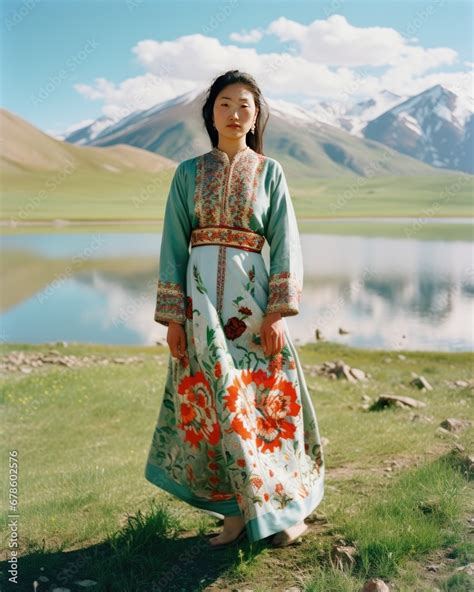 Kyrgyz Woman Wearing National Dress Standing Near Issyk Kul Lake