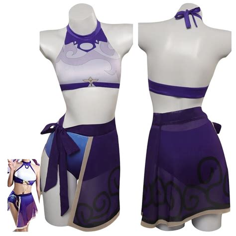 Genshin Impact Keqing Cosplay Women Costume Swimsuits Bikini Top Shorts Girls Swimwear Halloween