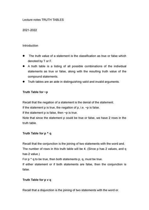 Lecture Notes Truth Tables Lecture Notes TRUTH TABLES