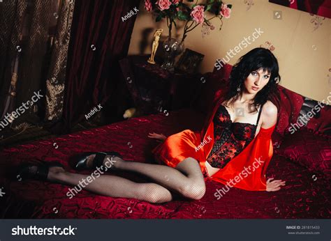 Sexy Slim Brunette Woman Posing Bed Stock Photo Shutterstock