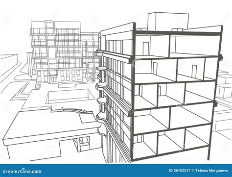Architectural Linear Sketch Multistory Apartment Building Sectional Drawing Gray Background